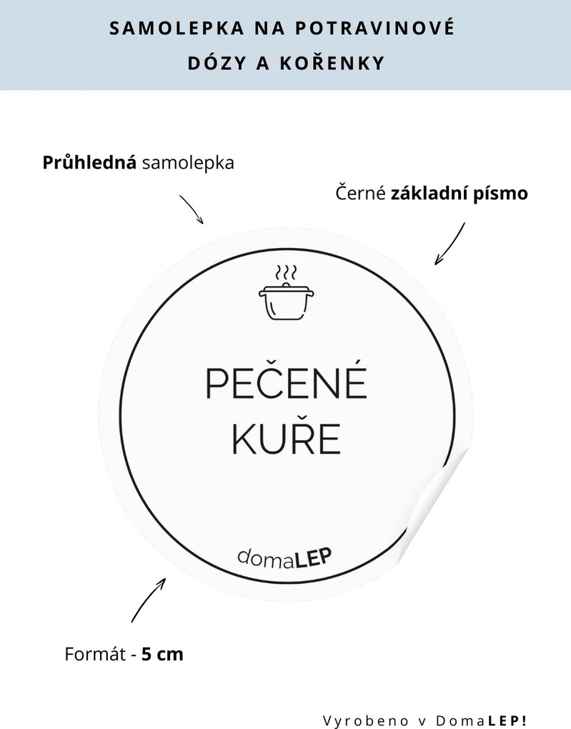 Samolepka na kořenky PEČENÉ KUŘE průhledná 5 cm základní písmo