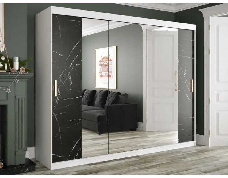 Zrcadlová šatní skříň Nonnus 250 T2, Úložný prostor: ano, Barva: černá matná / bílá mramor
