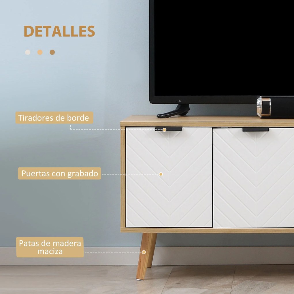 HOMCOM Moderní televizní stolek s 2 dvířky a 2 policemi pro televize do 116 cm pro ložnici 110x39x48,8 cm Přírodní a bílý