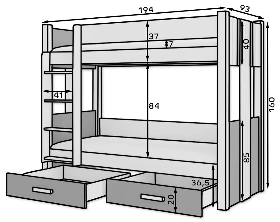 ADRK Patrová postel ARTA, CH-ARTA-W-S-M-180, 180x80 cm s matrací, bílá/dub sonoma