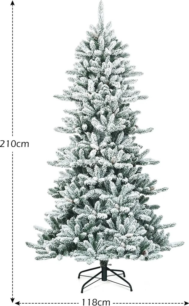 Costway 210 cm Umělý vánoční strom se zasněženou tužkou s šiškami zelená +