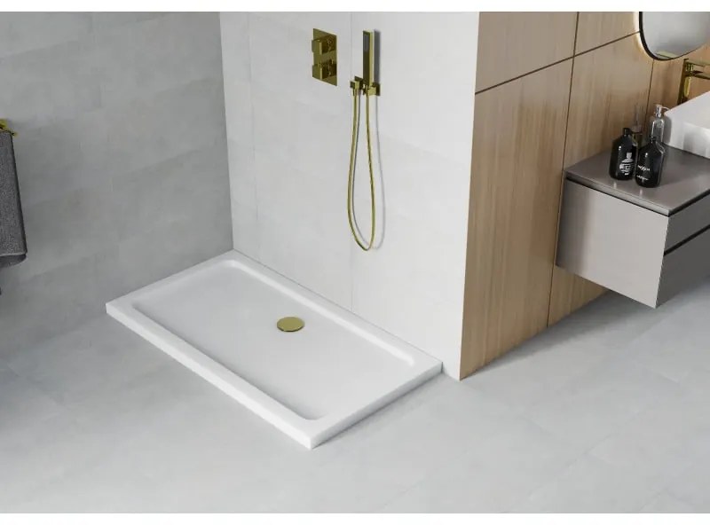 Mexen SLIM - Obdélníková sprchová vanička 120x70x5cm + zlatý sifon, bílá, 40107012G