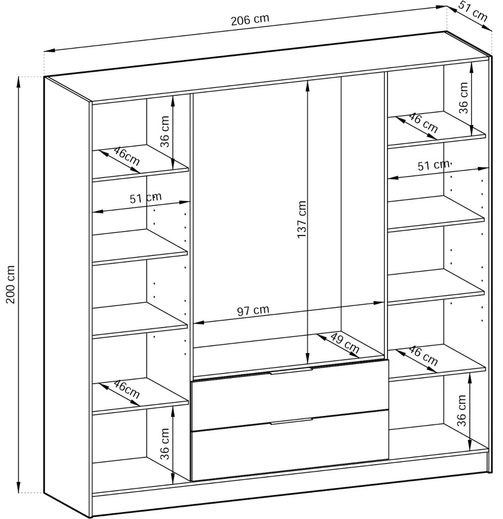 Šatní skříň Kelly 4D RM s tyčí 206 cm dub artisan