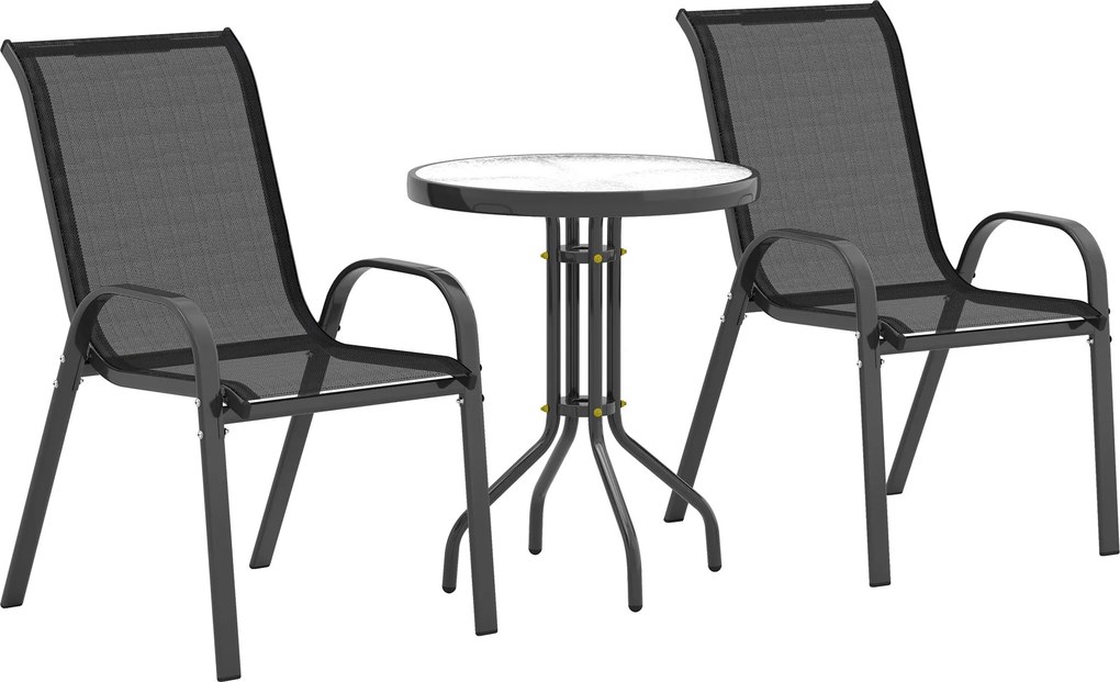 Outsunny zahradní lounge set 3 kusy, 2 skládací křesla a konferenční stolek s tvrzeným sklem, textilénová látka, pro terasu, balkon, černá | Aosom