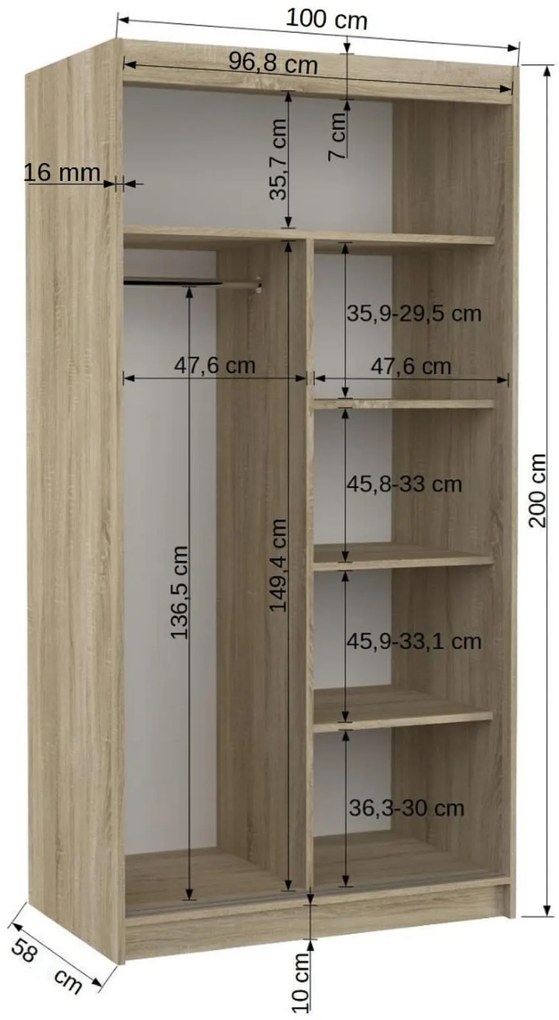 Šatní skříň s posuvnými dveřmi Riva - 100 cm Barva: Bílá/Dub