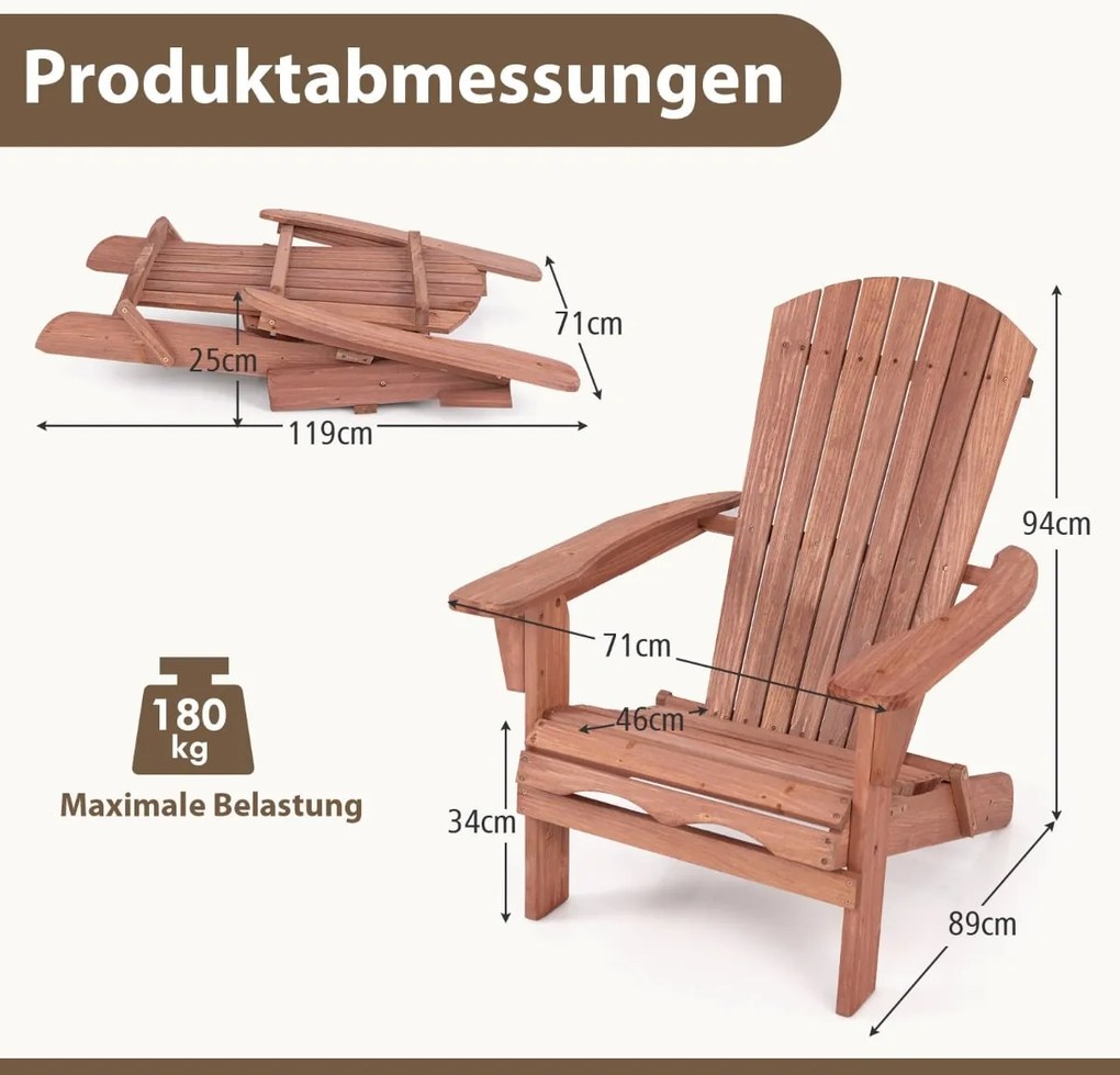 Costway Skládací dřevěná židle Adirondack s nosností 180 kg zahradní židle
