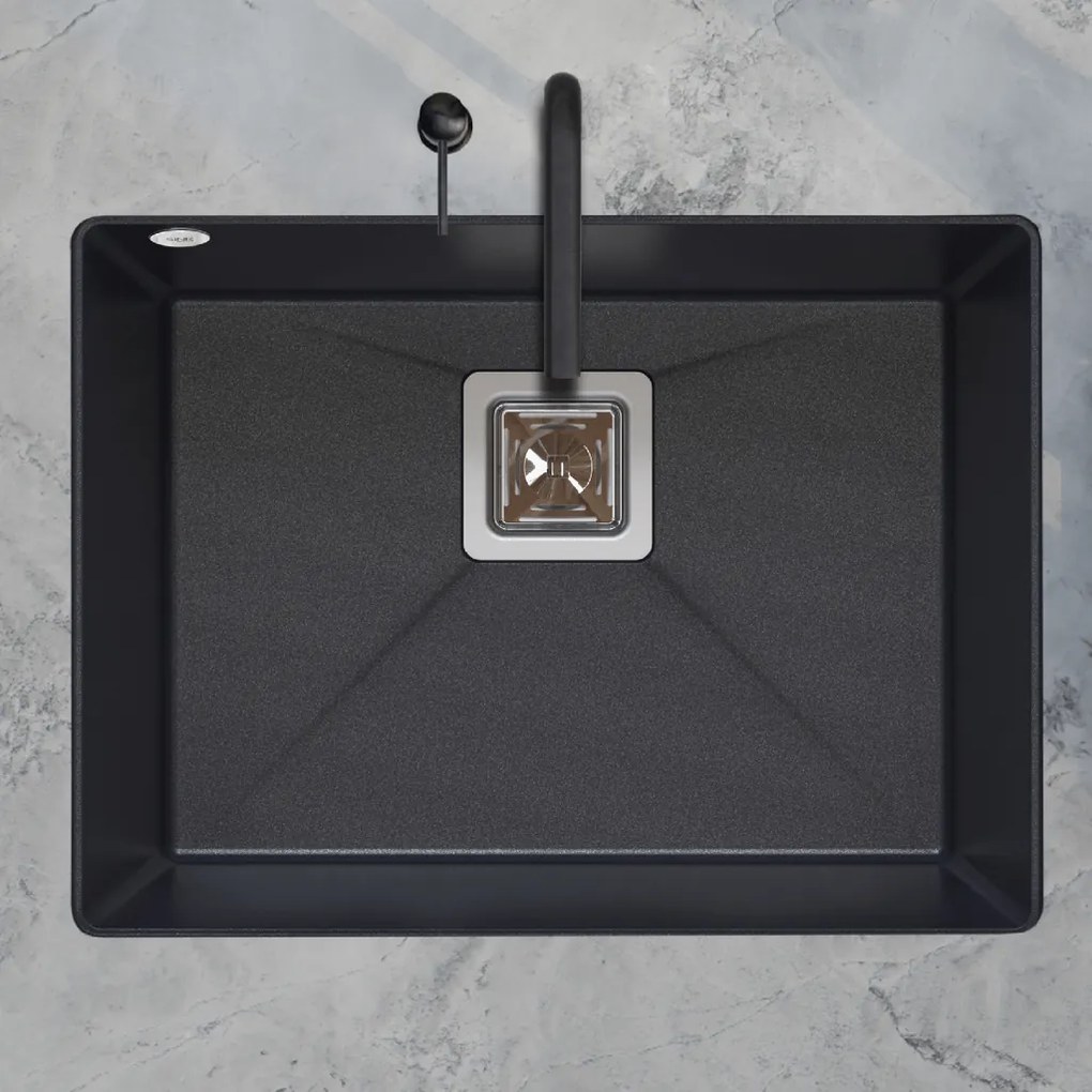 Sink Quality Argon 60, kuchyňský granitový dřez 550x420x225 mm + chromový sifon, černá, SKQ-ARG.C.1KBO.60.X