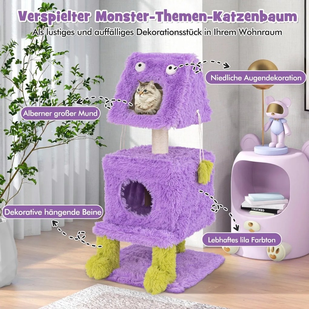 Costway Škrabadlo Malé 111 cm Kočičí strom s motivem Monster se 2 jeskyněmi