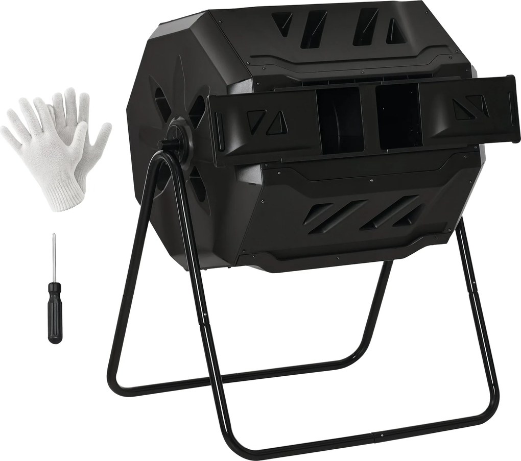 Outsunny 160L Dvoukamerový zahradní rotační kompostér s ventilačními otvory a ocelovými nohami 71x65x96 cm Černý | Aosom