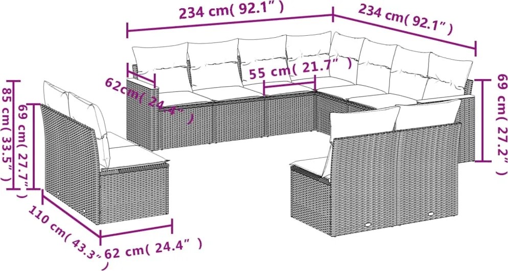11dílný zahradní sedací souprava s poduškami béžový polyratan 3258489