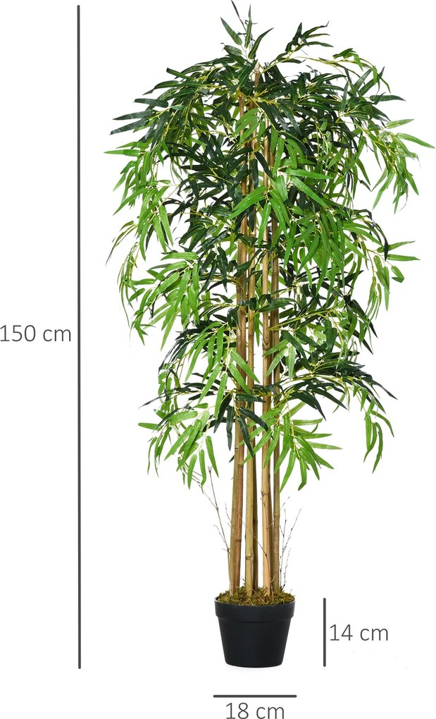 Umělý bambus Outsunny 150cm se květináčem - realistická dekorativní syntetická rostlina pro domov, zahradu, kancelář Ø18x150 cm Zelená
