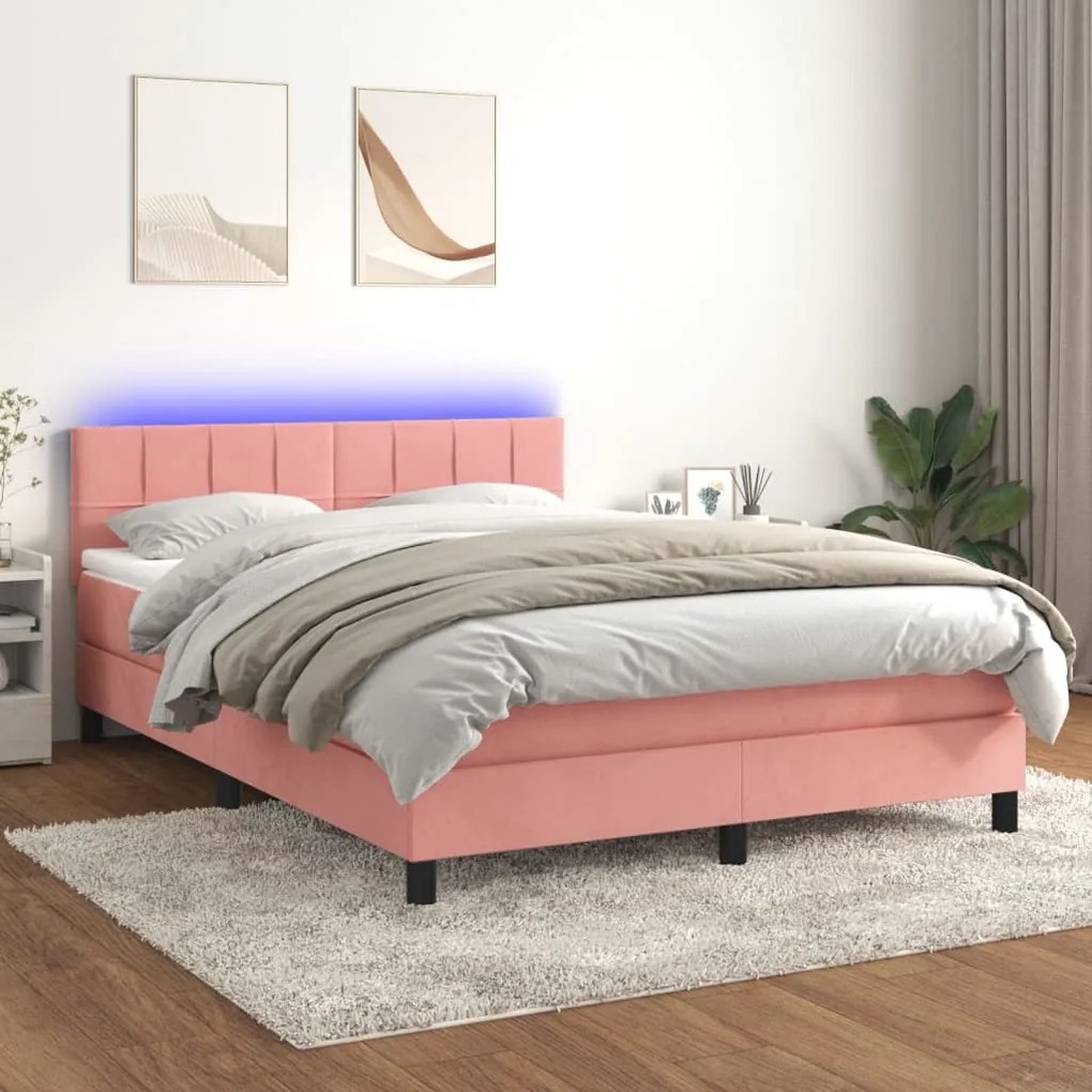 Box spring postel s matrací a LED růžová 140x190 cm samet 3134404