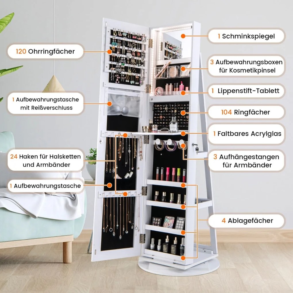 Costway Otočná skříňka na šperky o 360° s tříbarevnými LED světly Volně stojící