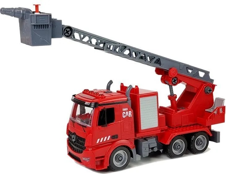 LEAN Toys Stavebnicová sada „Hasičské auto 2 v 1“ – vyměnitelné zdviže, šroubovák, zvuky, světelné efekty, přilba