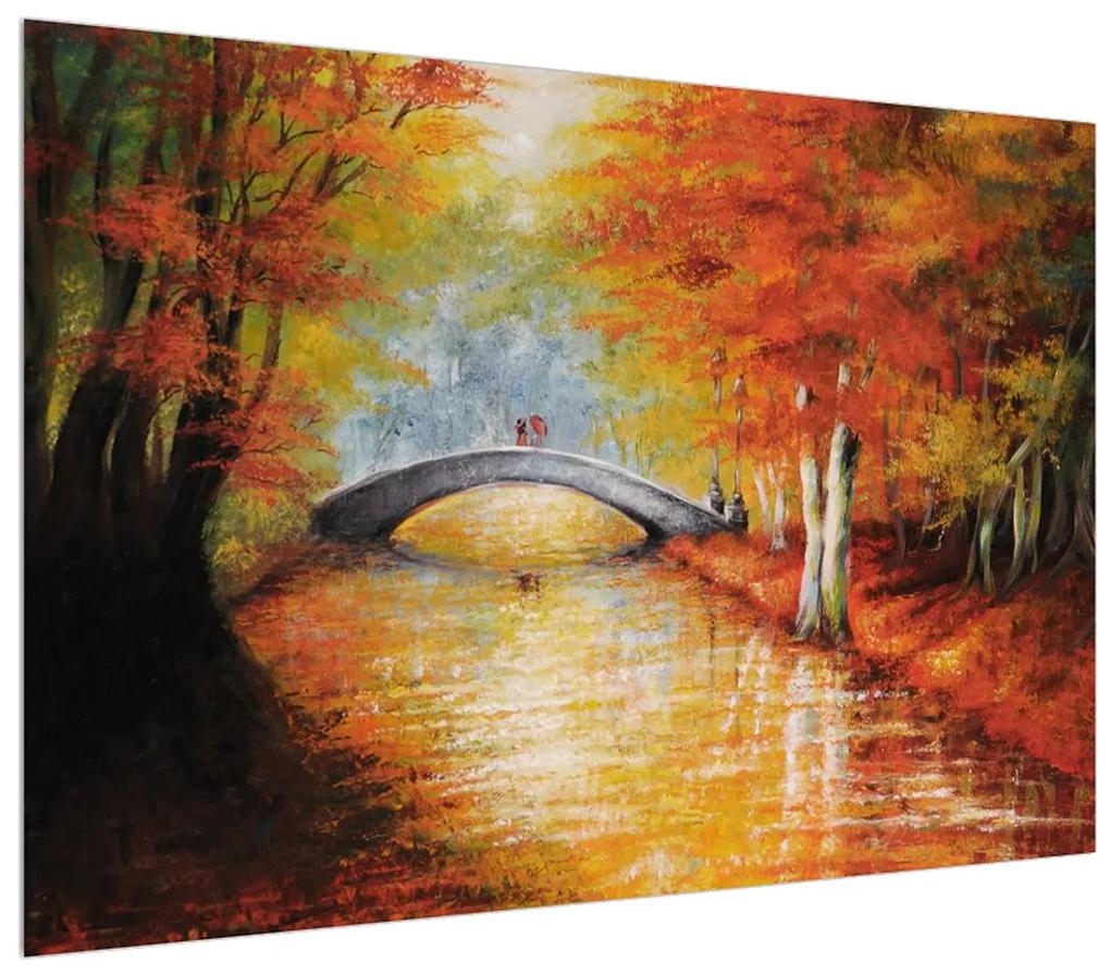 Podzimní obraz mostu přes říčku (100x70 cm)