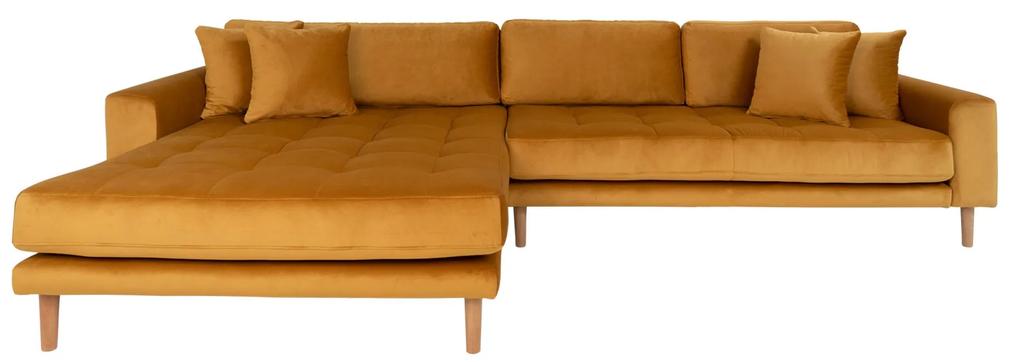 House Nordic Pohovka Lounge Sofa, levá strana, z hořčicově žlutého sametu, se čtyřmi polštáři a nohami z přírodního dřeva, HN1004