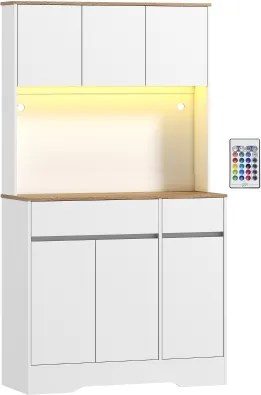 HOMCOM Kuchyňský bufet vysoká kuchyňská skříň s RGB LED světlem, pracovní deska, 6 dvířek, 2 zásuvky, bílá