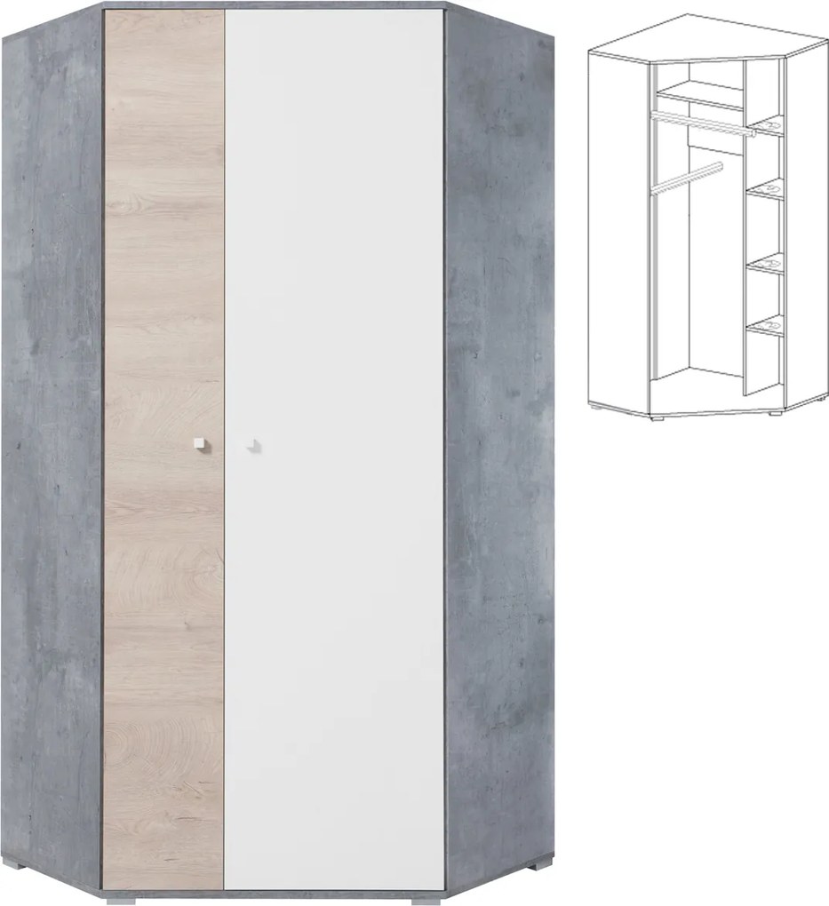 Šatní rohová skříň SI 2 L/P | police a šatní tyče | 90x90 cm | UNI provedení | beton/bílá/dub