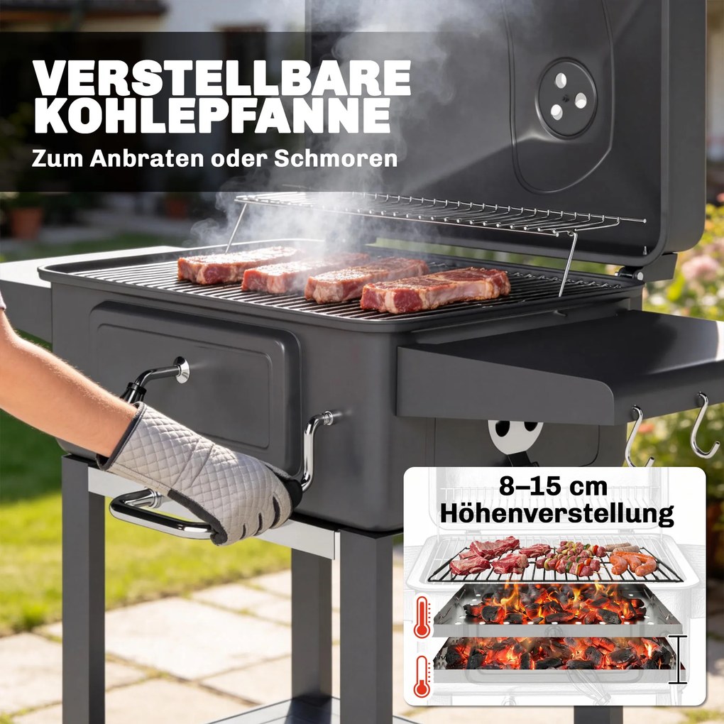 Outsunny Gril na dřevěné uhlí BBQ udírna s víkem Teploměr Výškově nastavitelná pánev na dřevěné uhlí Grilovací rošt Boční stolek Popelník