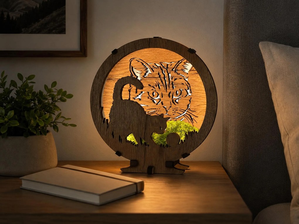 Li-Go "Kočka s mechem" dřevěná lampa s dvojitým podsvícením 20x22 cm dub