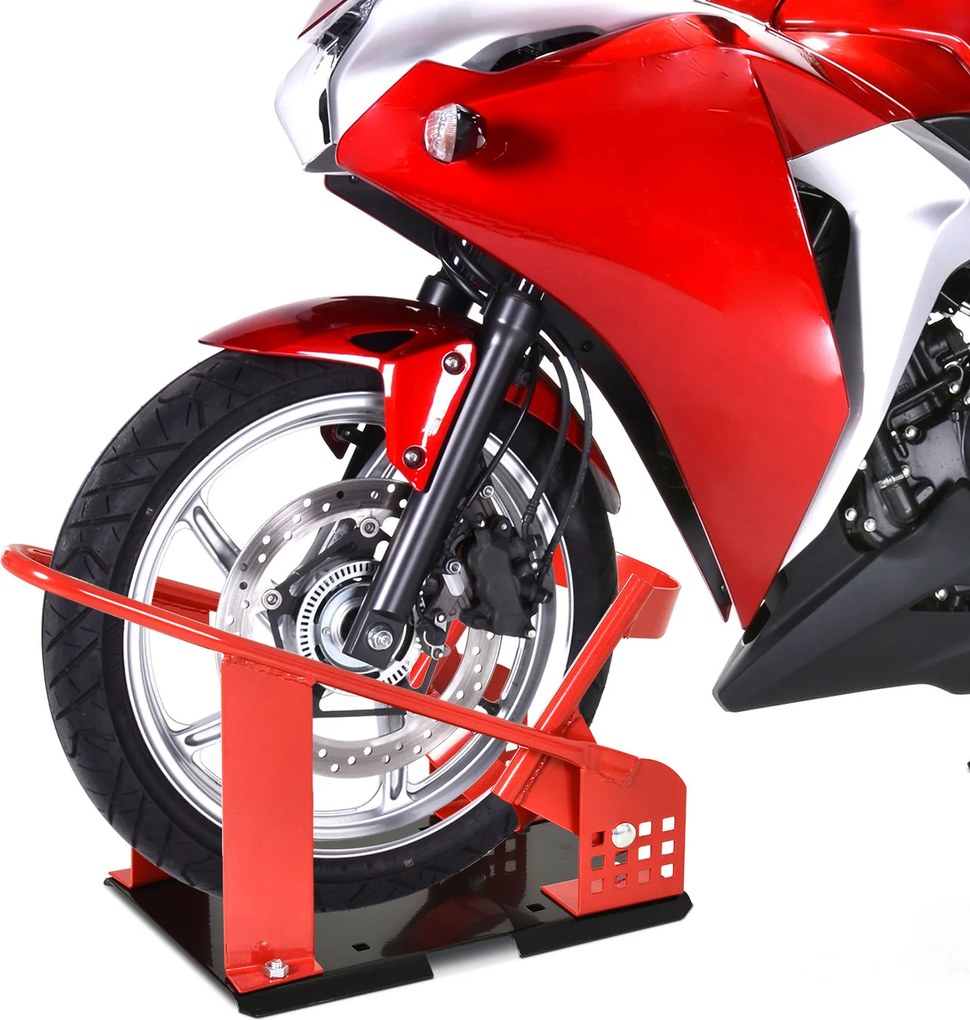 HOMCOM Univerzální motoservisní stojan s nastavitelnou délkou, gumovými koncovkami a kovovou konstrukcí, nosnost 450 kg pro údržbu, červený