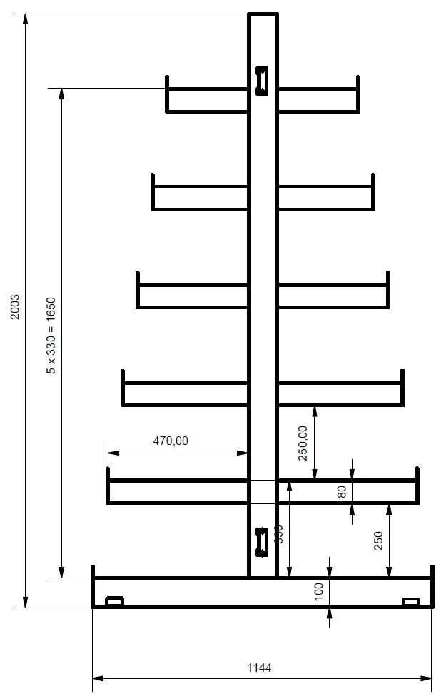 Konzolový regál, oboustranný, stromečkový, 2000 x 1380 x 1144 mm, 6 pater