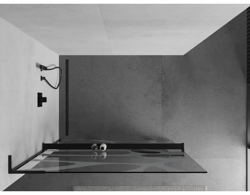 Mexen Kioto+ L, sprchová zástěna Walk-In s poličkou a věšákem 100 x 200 cm, 8mm čiré sklo bílý vzor, černý profil, 800-100-123-70-97