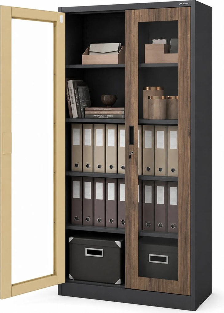 Kovová skříň s vitrínou antracitová / ořech: Eco Design AMELIA, 900 x 1850 x 400 mm