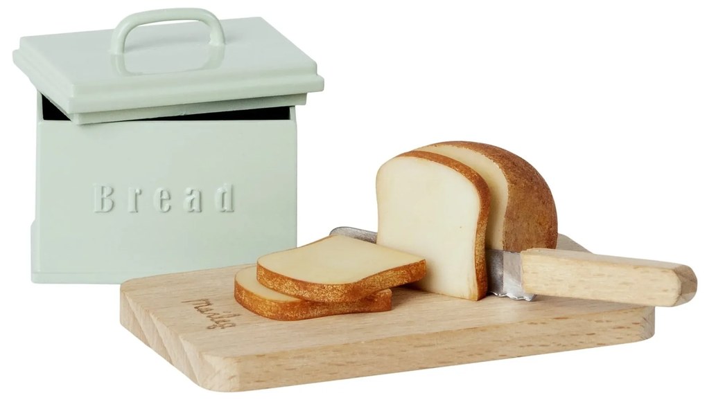 Maileg chlebník s prkýnkem a nožem - Miniature bread box, cutting board and knife