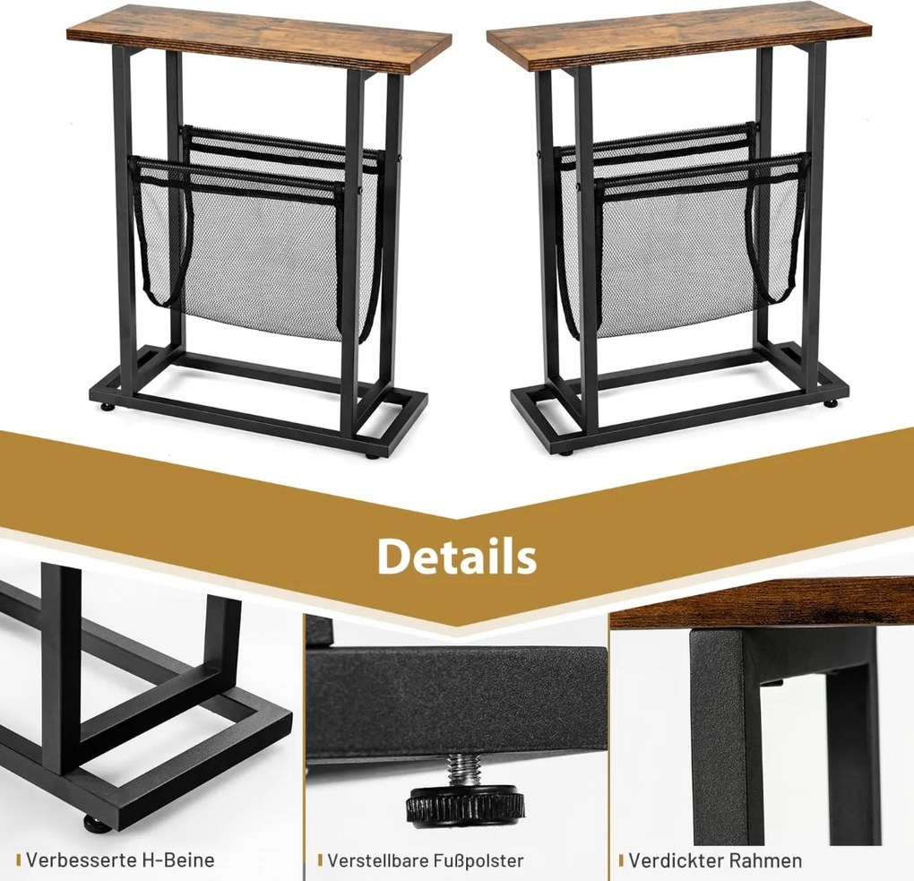 Costway Industrial odkládací stolek 2patrový úzký hnědá + – 48 × 18 × 54,5 cm