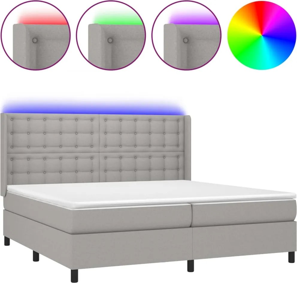 Box spring postel s matrací a LED světle šedá 200x200 cm textil 3138661