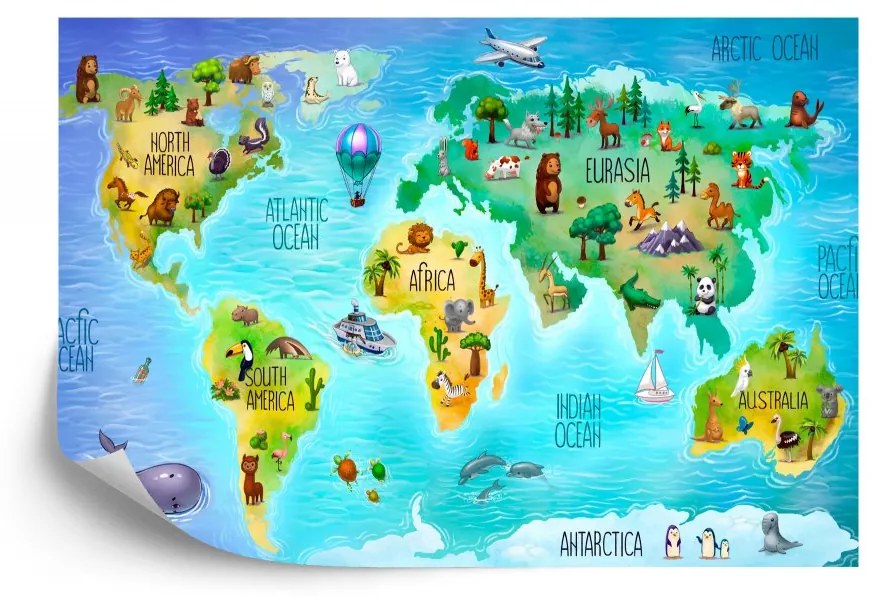 Fototapeta Mapa Světa S Faunou Omyvatelný vlies 90x60