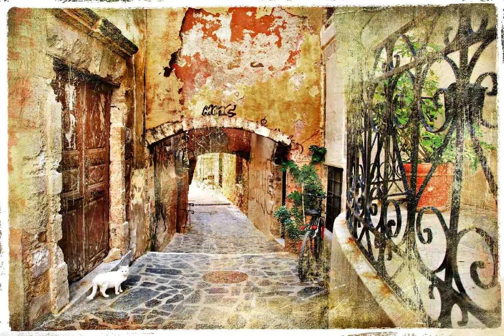 DIMEX | Samolepicí vliesová fototapeta na zeď Vintage řecká ulice MA-5-0735 | 375 x 250 cm | zelená, červená, hnědá, šedá