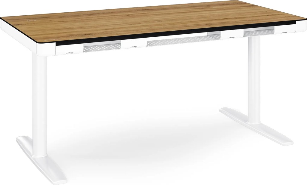 Elektrický psací stůl sit-stand se zásuvkou a bezdrátovou nabíječkou Qi bílý/zlatý dub, 1400 mm: ELLIS