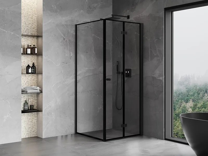 Mexen Mist-F T, 1-křídlý skládací sprchový kout pravý 95 x 95 cm, čiré sklo-černý rám, 8A6T-095-095-70-70-P