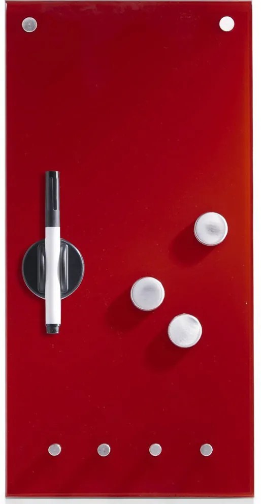 Skleněná magnetická tabule  MEMO, barva červená + 3 magnety a 4 háčky, 40x20 cm