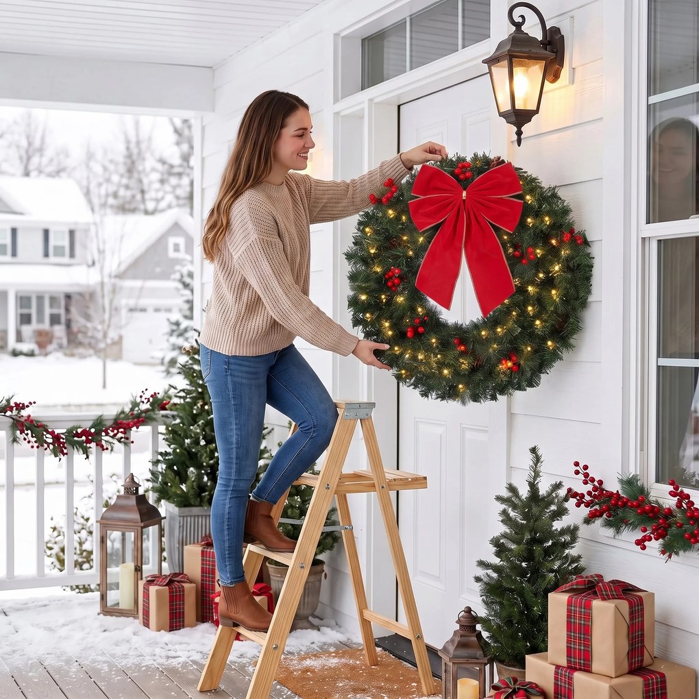 HOMCOM Vánoční věnec 60 cm, věnec na dveře s designem Crestwood borovice, mašle, 50 LED, 140 špiček větviček, 8 světelných režimů