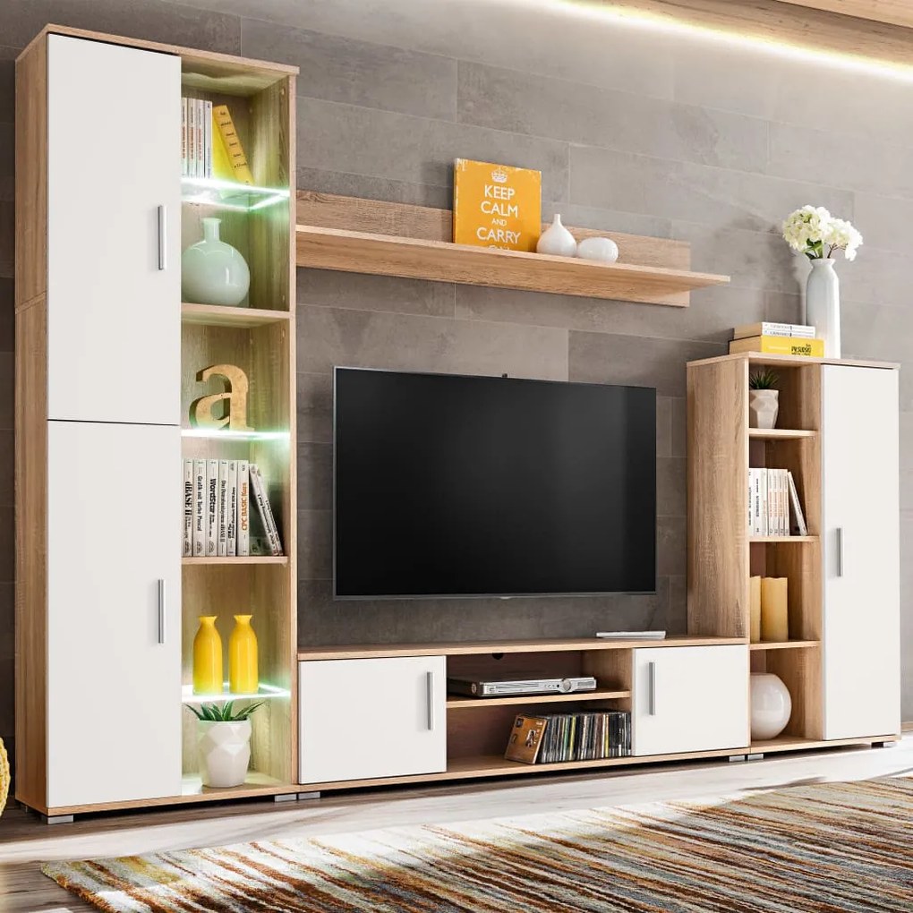 Obývací stěna s LED osvětlením dub sonoma a bílá 246030