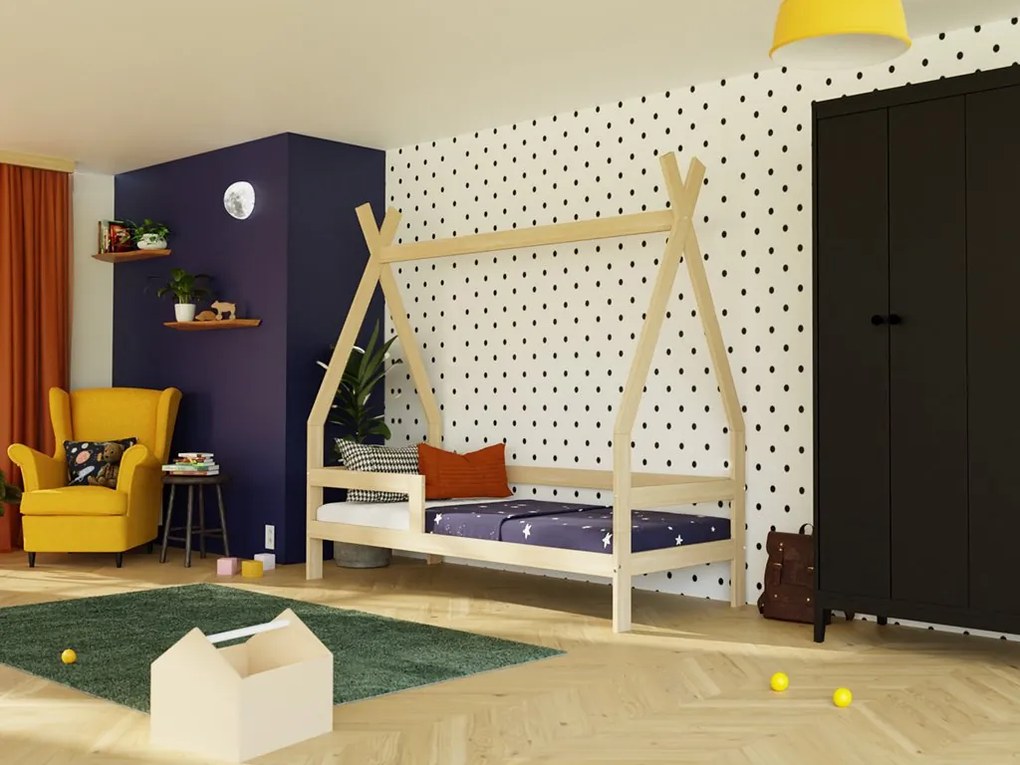 Benlemi Dětská dřevěná postel SAFE 5v1 ve tvaru teepee se zábranou Zvolte barvu: Béžová, Zvolte rozměr: 90x160 cm, Zvolte zábranu: S otevřeným vstupem