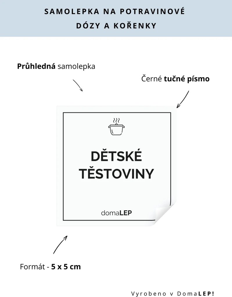 DĚTSKÉ TĚSTOVINY  – průhledná samolepka na dózu, tučné písmo, 5 x 5 cm | DomaLEP