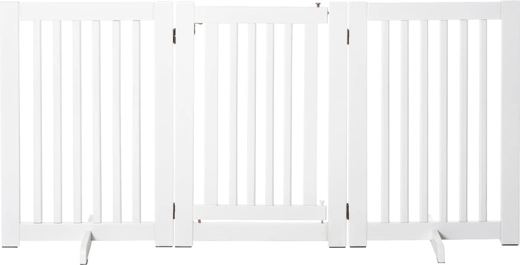 PawHut Dřevěná Psí Brána 155x76 cm Skládací Plot 3 Panely s 1 Dveřmi a Podpůrnými Nohy pro Chodbu a Schodiště Bílá | Aosom