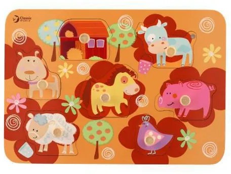 Teddies Vkládačka deskové obrysové puzzle farma dřevo 18m+