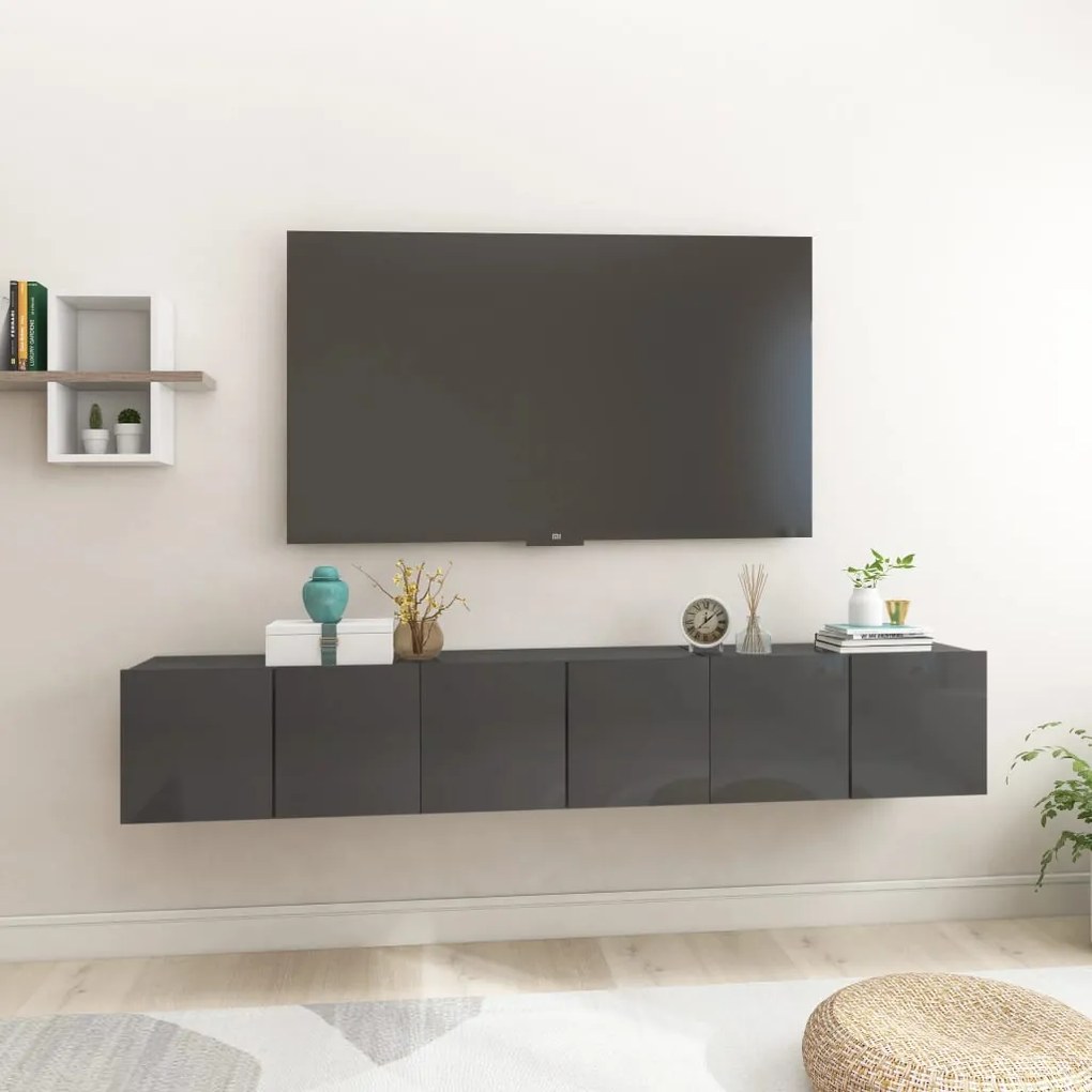 804534 vidaXL Závěsné TV skříňky 3 ks šedé s vysokým leskem 60 x 30 x 30 cm