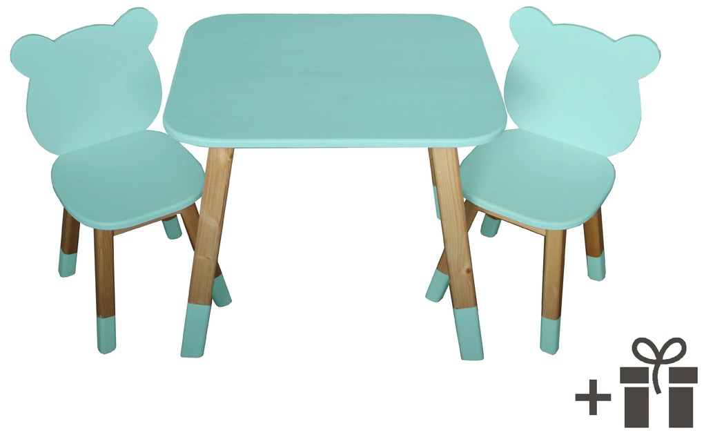 Set dětského nábytku (stoleček + 2 x židlička) medvídek + DÁREK barva: mintová