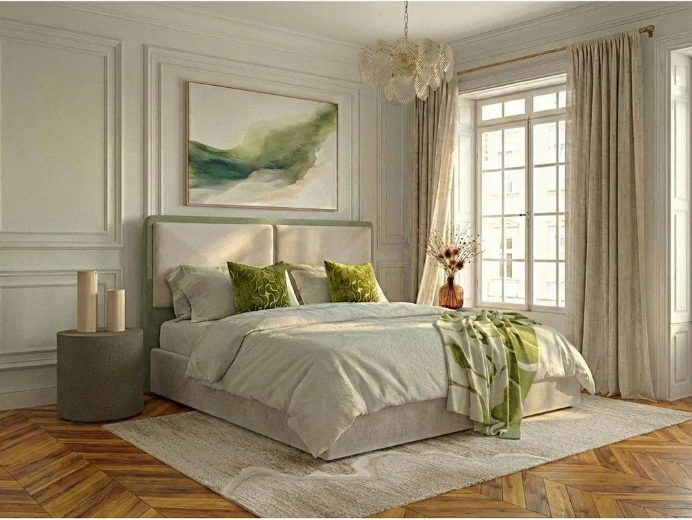 Světle zelená/béžová čalouněná dvoulůžková postel s úložným prostorem s roštem 180x200 cm Mara – Bobochic Paris