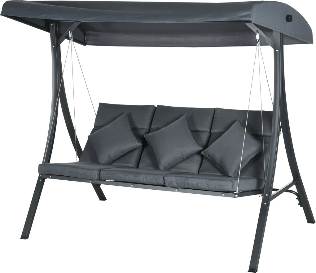 Zahradní houpačka Outsunny pro 3 osoby s nastavitelnou markýzou, 3 polštáři a ocelovou konstrukcí pro terasu, balkon, zátěž 320 kg, 202x115x168 cm, tm