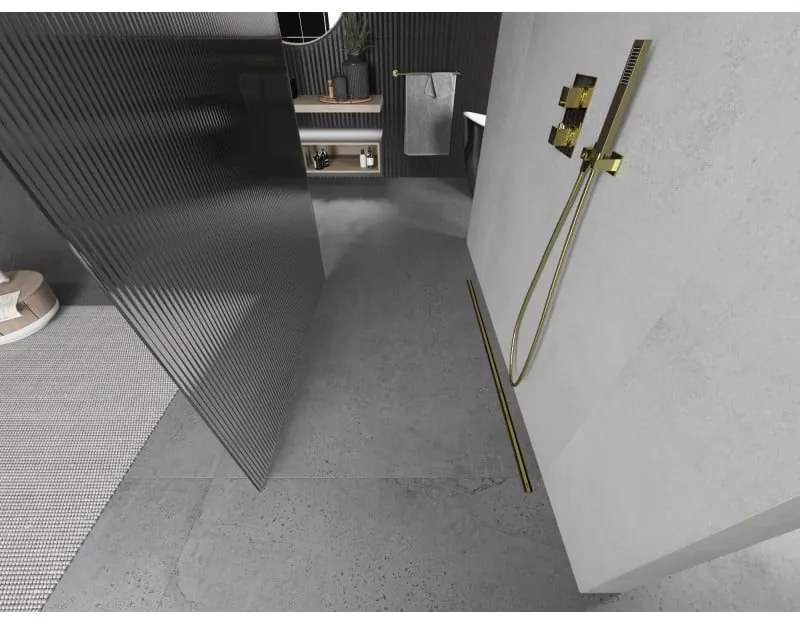 Mexen Kioto, sprchová zástěna Walk-In 100 x 200 cm, 8mm sklo s žebrovým vzorem, zlatý profil, 800-100-002-50-09