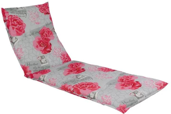 Měkké pohodlné polstrování na lehátko, šedá + růžové květy, 190x60 cm