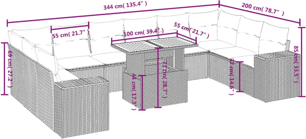 11dílná zahradní sedací souprava s poduškami šedá polyratan 3272810