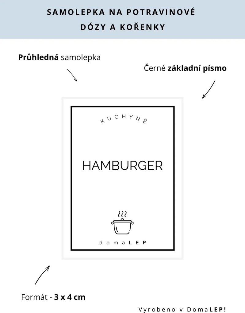 Samolepka na kořenky HAMBURGER průhledná 3 × 4 cm základní písmo